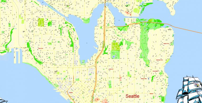 Seattle PDF Map, state Washington, US, exact vector City Plan full ...