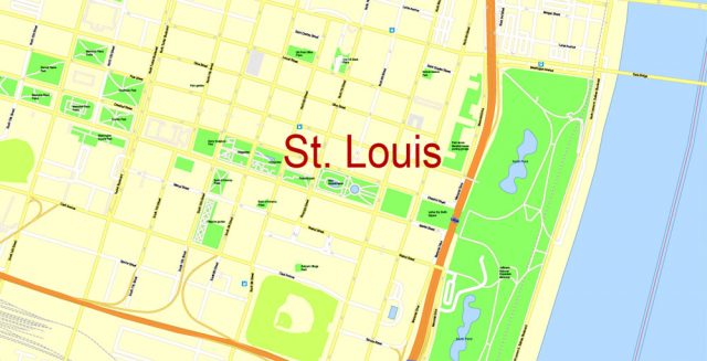 Saint Louis Printable Map, Missouri, US, exact vector Map street G-View ...