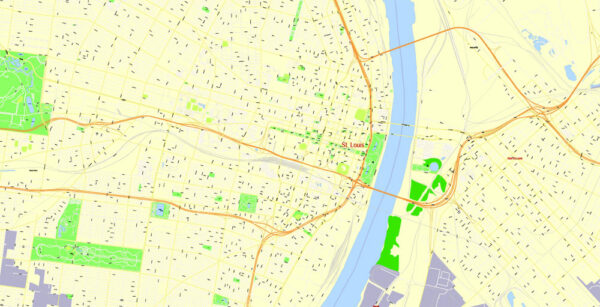 Saint Louis Printable Map, Missouri, US, exact vector Map street G-View ...