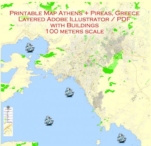 Athens + Piraeus Greece Printable Map exact vector street G-View Level ...