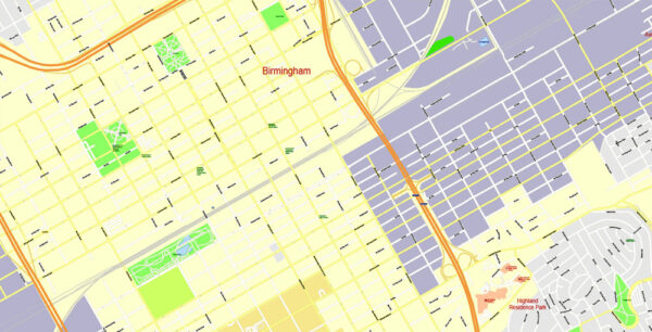 Birmingham Printable Map, Alabama, US, exact vector Map street G-View ...