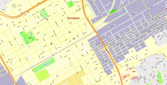 Birmingham Printable Map, Alabama, US, exact vector Map street G-View ...