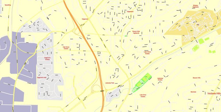 Birmingham Printable Map, Alabama, US, exact vector Map street G-View ...