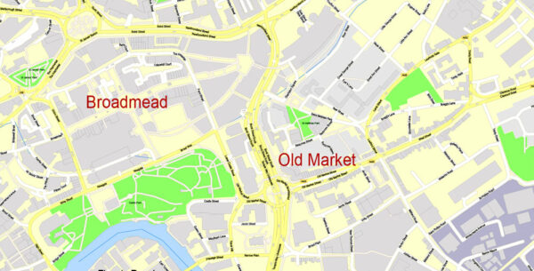 Bristol UK Urban Area, England Printable Map, exact vector street map ...