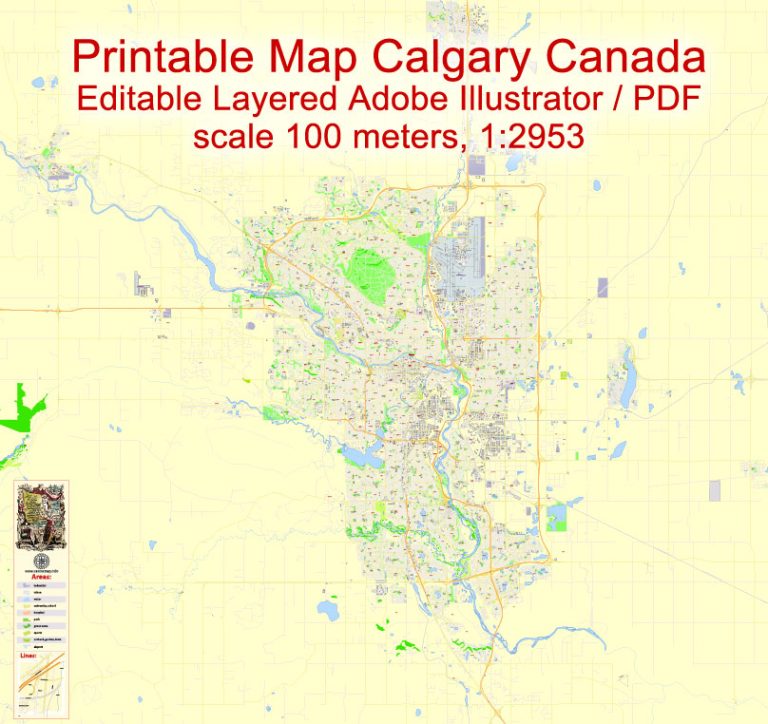 Calgary City Large Area SVG Map, Canada, exact City Plan 100 meters scale, full editable ...