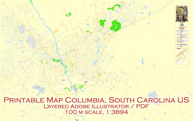 Columbia Printable Vector Map, South Carolina US, exact vector Map ...
