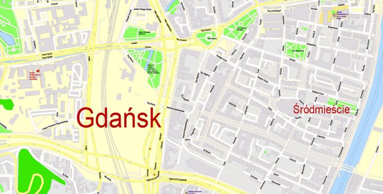 Gdansk Editable PDF Map, Poland, exact vector street G-View Level 17 ...