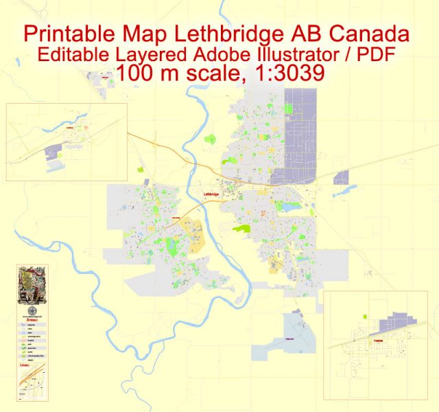 Lethbridge + Coaldale + Fort Macleod Printable Map, Alberta, Canada ...