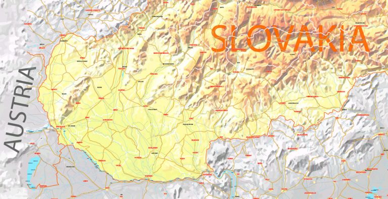 Slovakia Country Printable Vector Map 01 Relief, Roads and Admin map ...