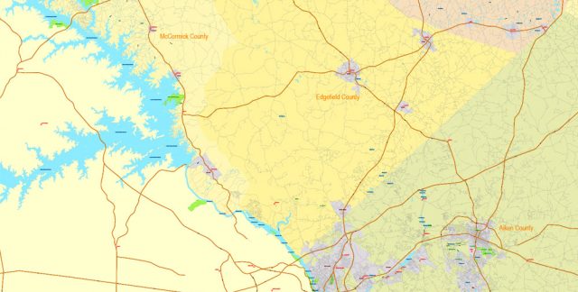 Map South Carolina Printable vector detailed Street Road Admin Plan