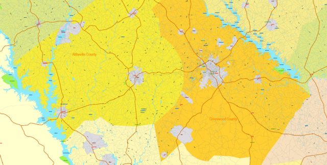 Map South Carolina Printable vector detailed Street Road Admin Plan
