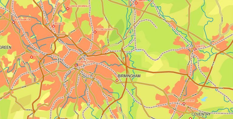Map UK + Full Ireland PDF exact vector relief road map editable printable