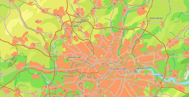 Map UK + Full Ireland PDF exact vector relief road map editable printable