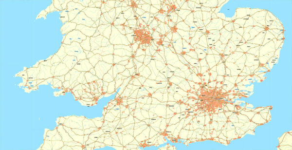 Map UK + Full Ireland PDF exact vector relief road map editable printable