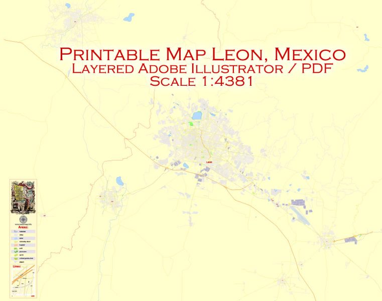 Map Leon Adobe Illustrator City Plan Mexico printable editable vector