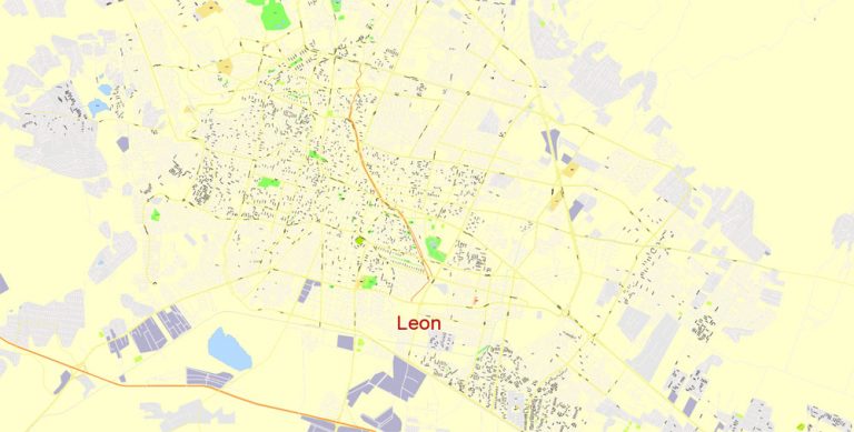 Leon Printable Map, Mexico exact vector Map street G-View City Plan ...