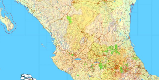 Mexico Country Printable Map 01 Relief exact vector Topo Roads Admin ...