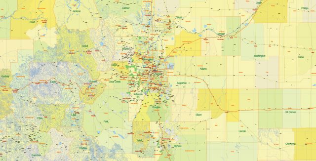 Map Colorado US PDF detailed exact vector editable printable 10 km scale