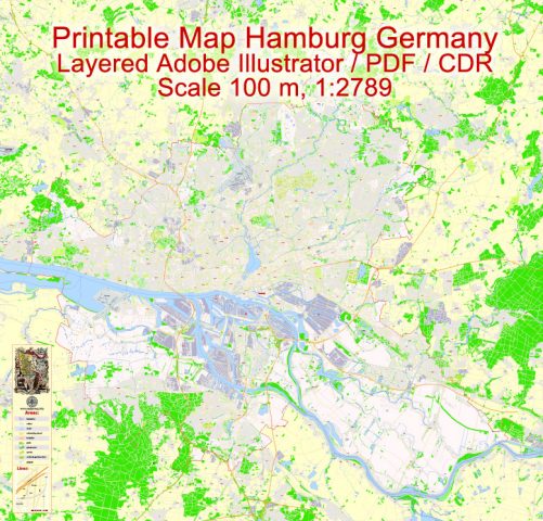 Hamburg, Germany, printable vector street City Plan map in 4 parts ...
