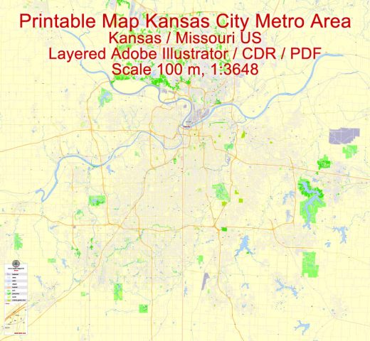 Kansas City metro area Printable Map, Kansas Missouri US, exact vector ...
