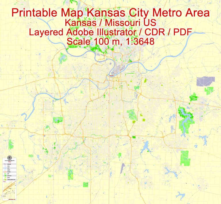 Map Kansas City metro area PDF editable vector City Plan 100 m scale