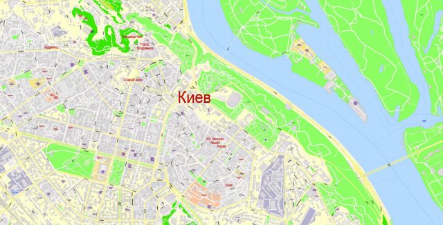 Kiev Map Printable Vector Metro Area Ukraine exact 100 meters scale 1: ...