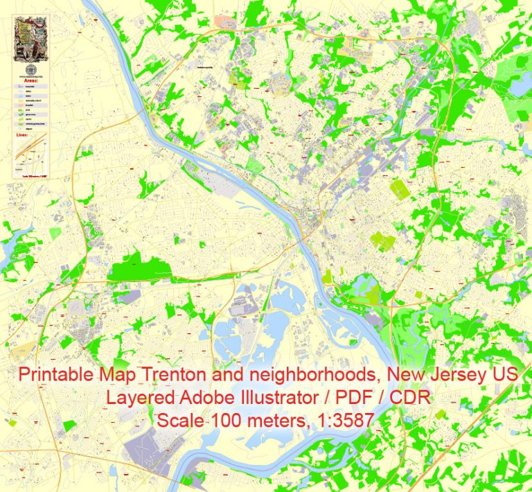 Trenton Map Vector Printable, New Jersey US, exact Detailed City Plan ...