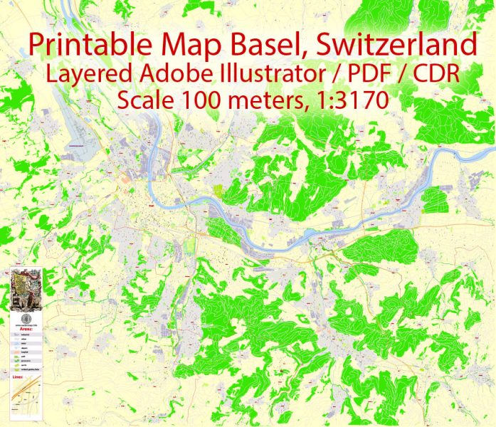 Basel Switzerland PDF Vector Map: City Plan Low Detailed (for small ...