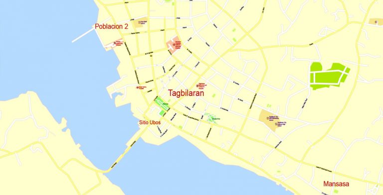 Bohol and Panglao Philippines 01 Printable Map, exact vector 100 meters ...
