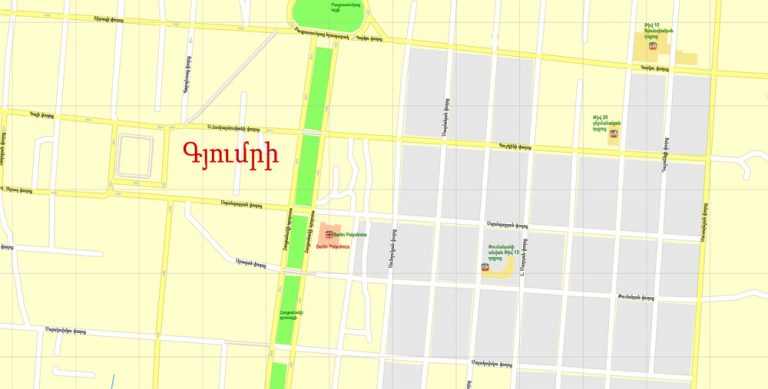 Gyumri CDR Map Armenia Printable exact vector City Plan Eng+Arm ...