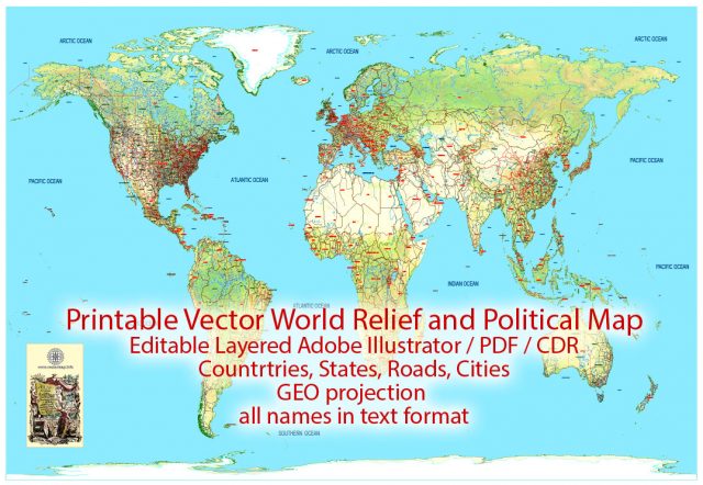World Relief Political Vector Map: PDF and Adobe Illustrator