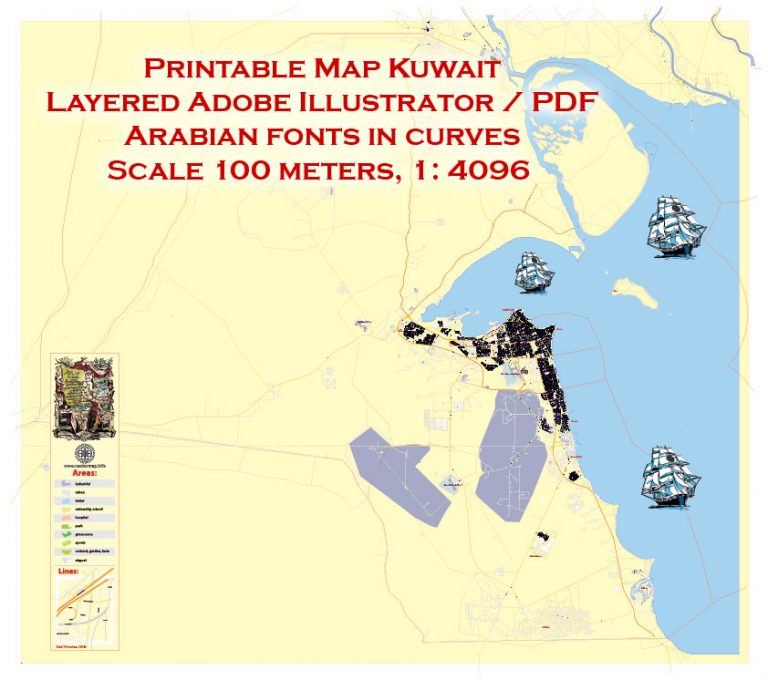 Kuwait Printable PDF Map, exact vector street City Plan 100 meters ...