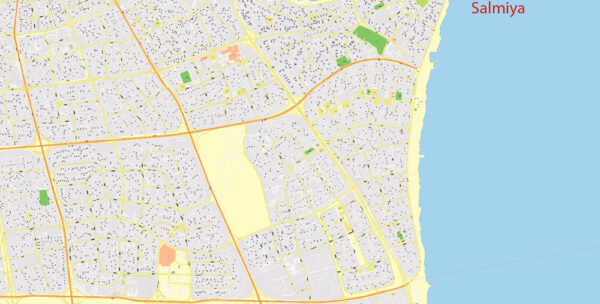Kuwait Printable PDF Map, exact vector street City Plan 100 meters ...