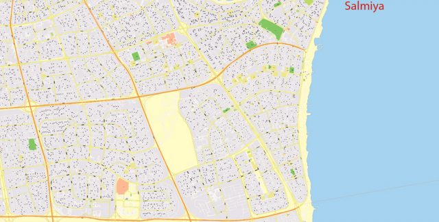 Kuwait Printable PDF Map, exact vector street City Plan 100 meters ...