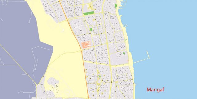 Kuwait Printable PDF Map, exact vector street City Plan 100 meters ...