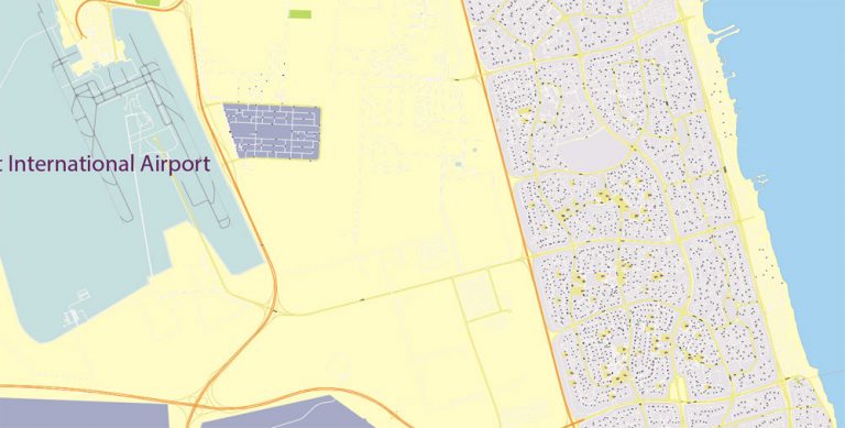 Kuwait Printable PDF Map, exact vector street City Plan 100 meters ...