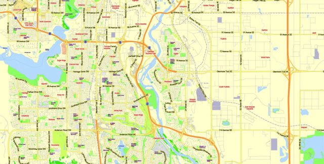 Calgary Printable SVG Map, Canada, exact City Plan 2000 meters scale ...