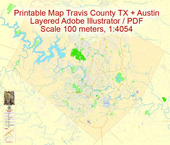 Travis County + Austin PDF Map Texas US, Editable Printable exact ...