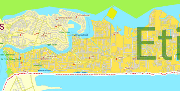 Lagos State Editable PDF Map Admin Roads Cities and Towns, Nigeria