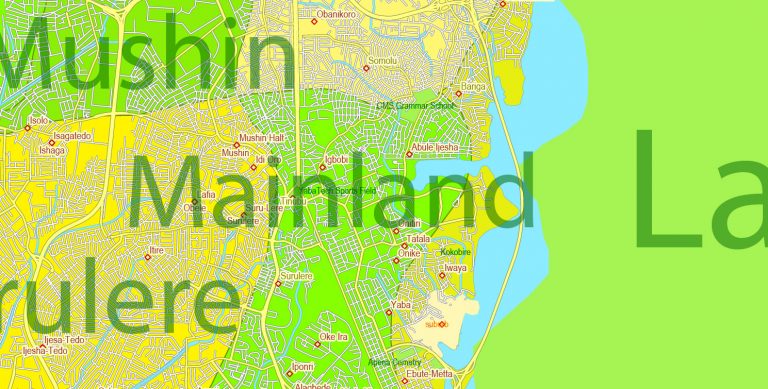 Lagos State Editable Printable 01 Map Admin Roads Cities and Towns ...