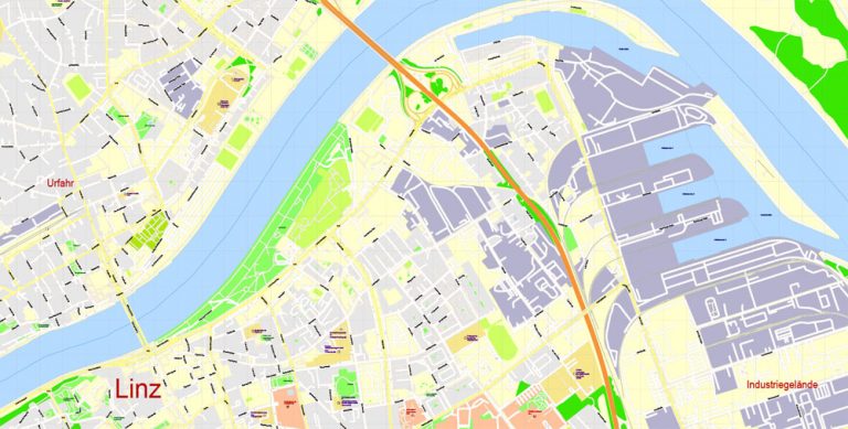 Linz PDF Map Austria, Printable Vector exact detailed City Plan, 100 ...