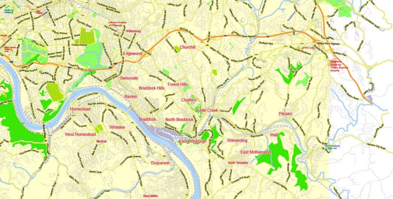 Pittsburgh Metro Area Editable Map, Pennsylvania, US, exact vector City ...