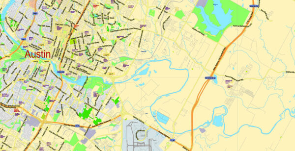 Travis County + Austin PDF Map Texas US Editable Printable exact ...