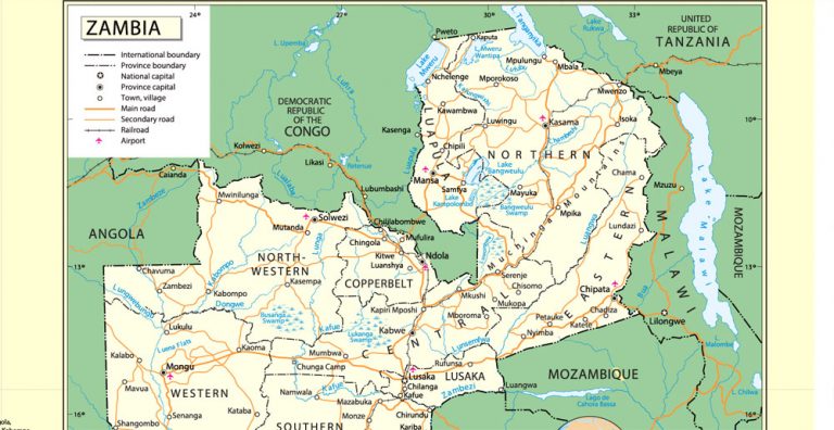 Zambia Printable Map Admin 01 Roads, Cities, Towns, Railroads, Water ...