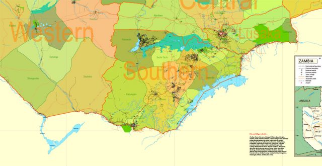 Zambia Printable PDF Map 01 Admin, Roads, Cities, Towns, Railroads ...