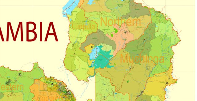 Zambia Printable PDF Map 01 Admin, Roads, Cities, Towns, Railroads ...