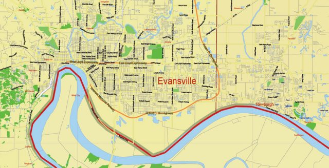 Evansville CDR Map area 120 miles radius, Indiana US, exact vector City ...