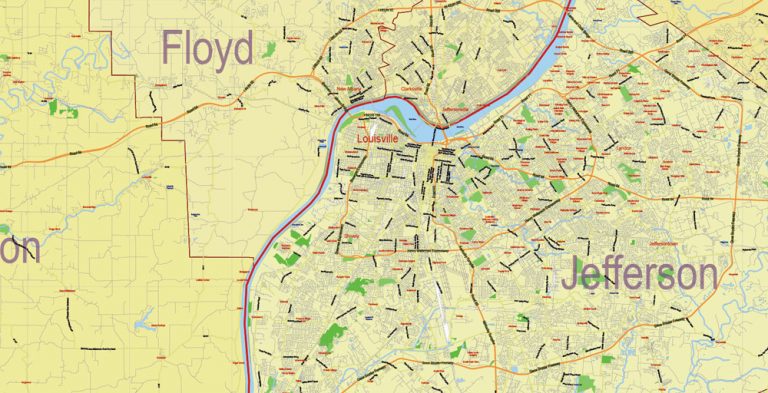 Evansville PDF Map area 120 miles radius, Indiana US, exact vector City ...