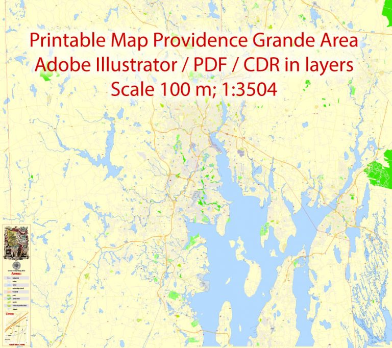 Providence Metro Area Printable Map, Rhode Island US, exact vector City ...