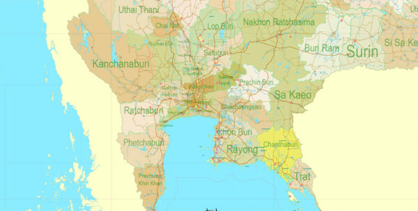 Thailand Map Printable Exact Detailed: Admin 01 Roads, Cities, Towns ...
